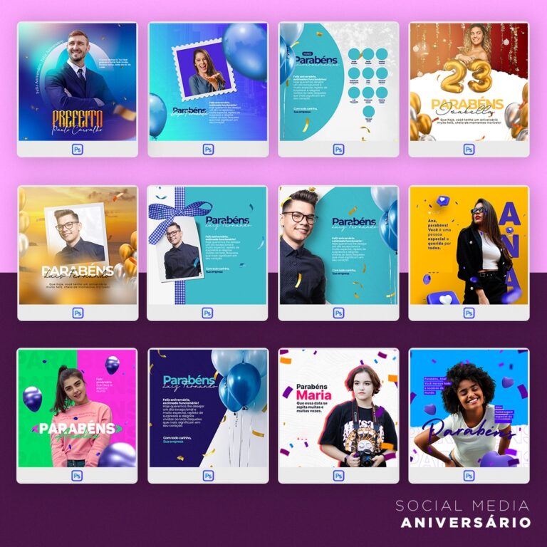 Pack 50 Artes editáveis Photoshop - Aniversário - Canal dos Pack